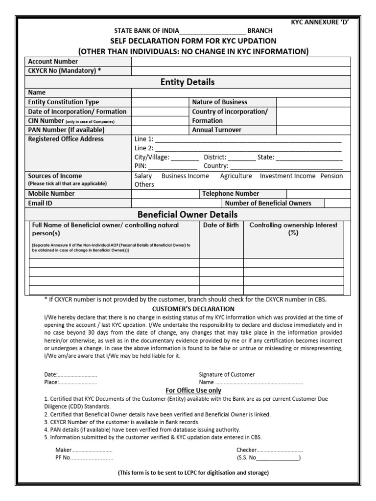 Annex D Self Declaration Form For Kyc Updation | PDF