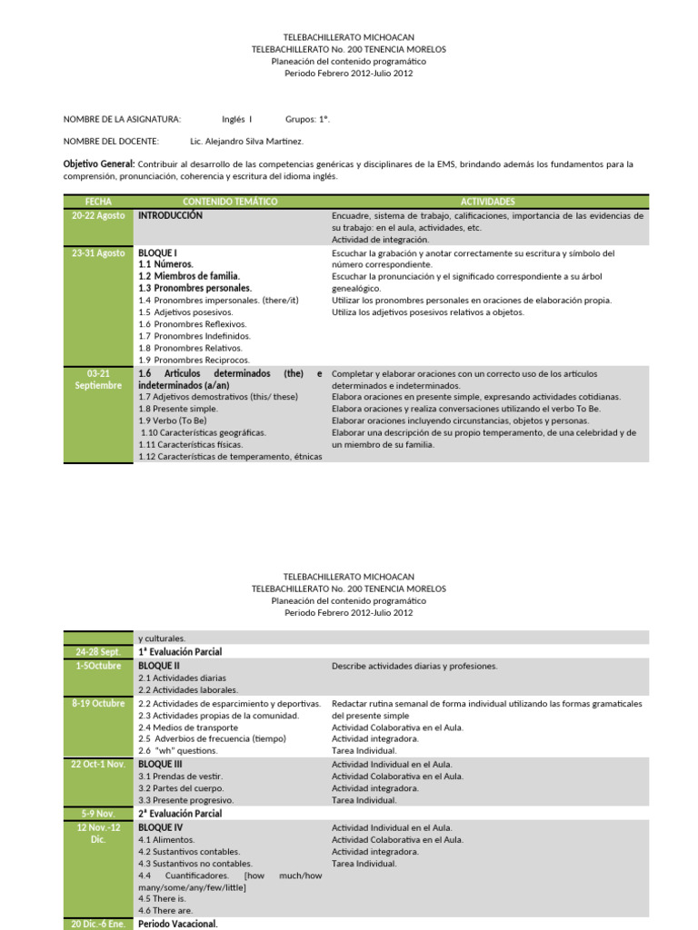 Planeación de Inglés I Telebachillerato | PDF | Pronombre | Morfología ...