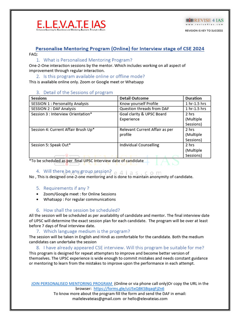 ELEVATE - INTERVIEW - Online - Personalised Mentoring Session - 2024 | PDF | Mentorship