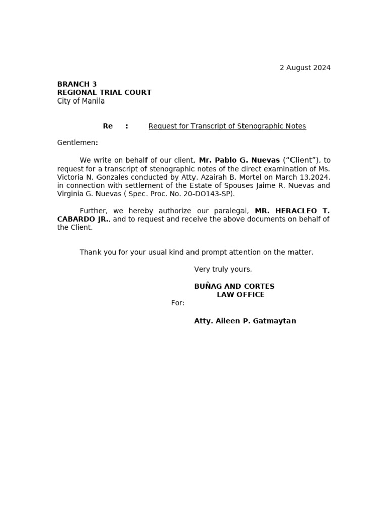 Request Letter Nueves (RTC BR. 3) | PDF