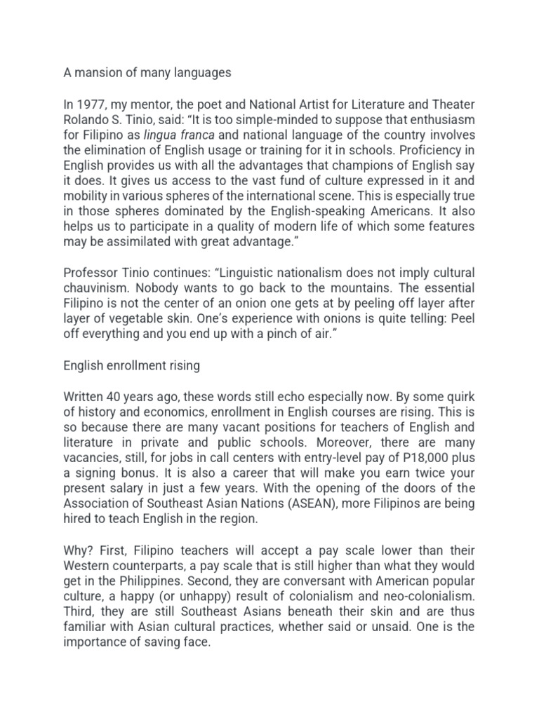 A Mansion of Many Languages Story | PDF | English Language | Human ...