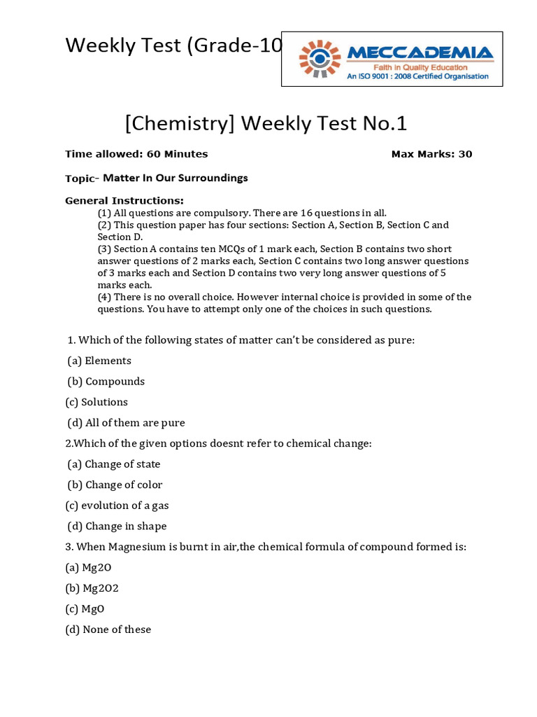 Weekly Test (Grade-10) : Matter in Our Surroundings | PDF | Chemical ...