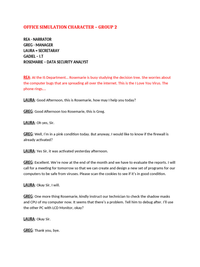 Group 2 Office Simulation Script | PDF | Computer Virus | Computer File