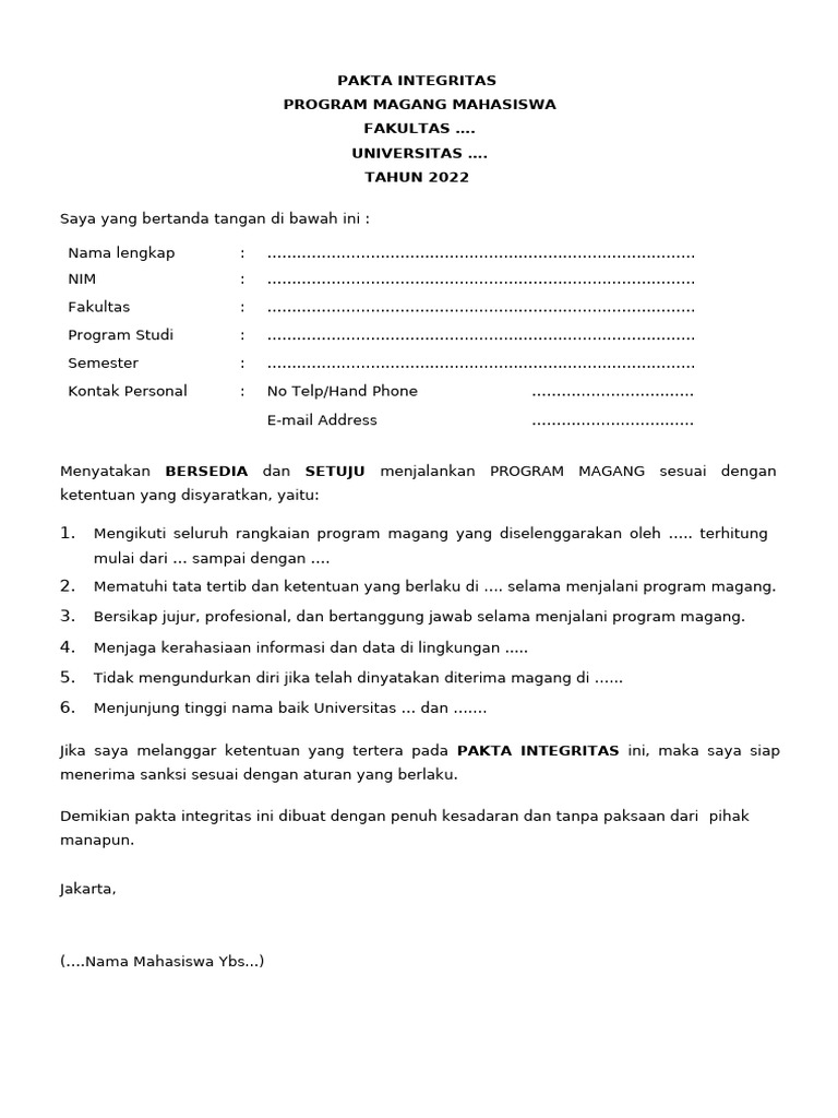 Format Pakta Integritas Magang | PDF