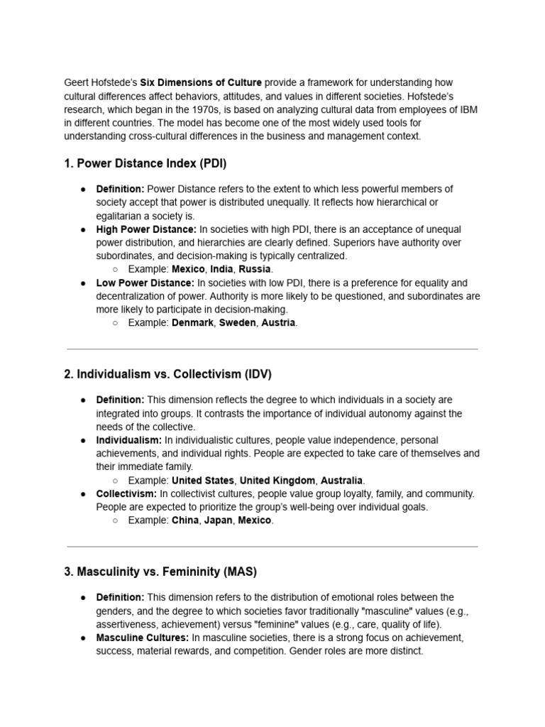 Hofstede's Six Cultural Dimensions Explained | PDF | Psychological ...