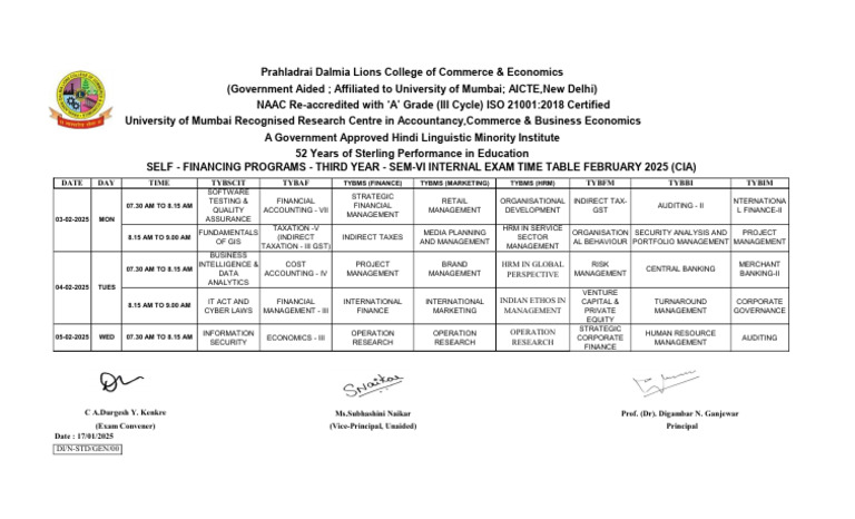 Sfc -Ty Sem.v Regular Internal Exam Time Table Feb.2025 (CIA) | PDF | Business Economics | Business