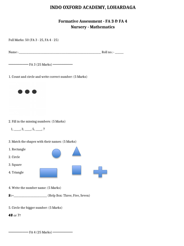 Nursery Math FA3 FA4 Final | PDF