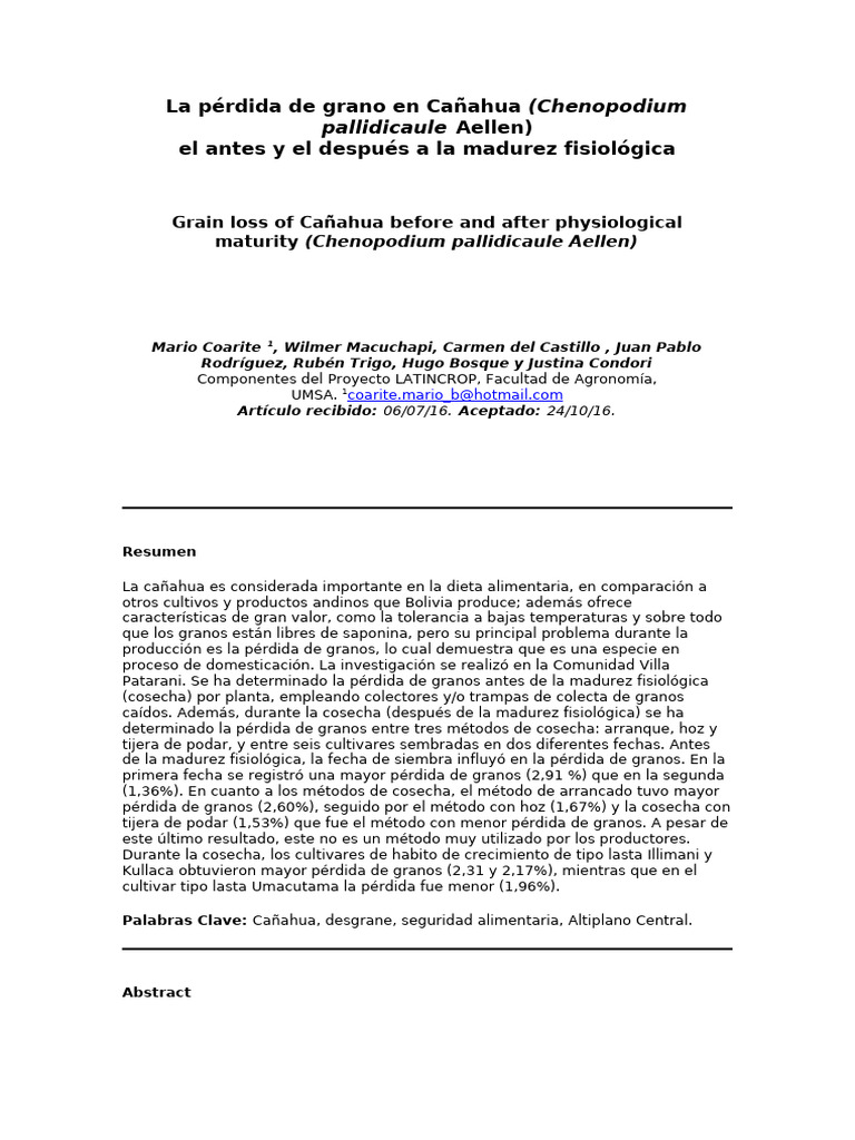 Pérdida de Grano en Cañahua: Métodos y Cultivares | PDF | Agricultura ...