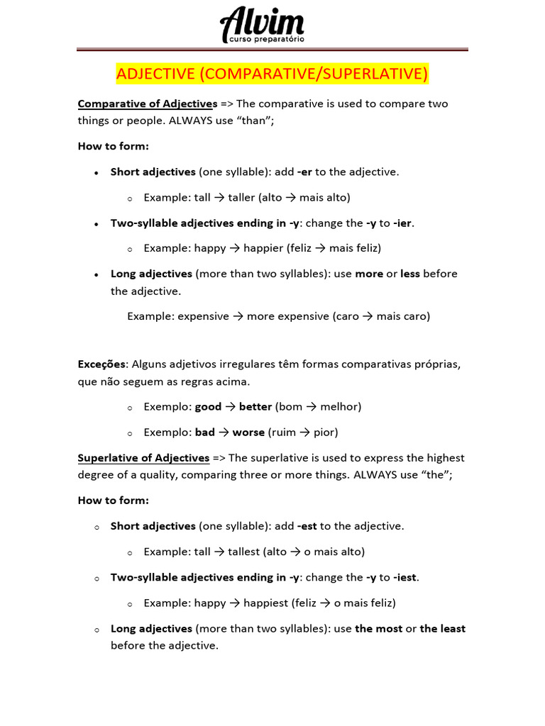 Aula 2 - Adjective (Comparative - Superlative) | PDF | Languages | Foreign Language Studies