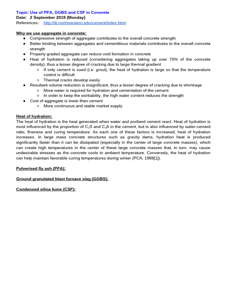 Use of PFA, GGBS and CSF in Concrete | PDF | Concrete | Cement