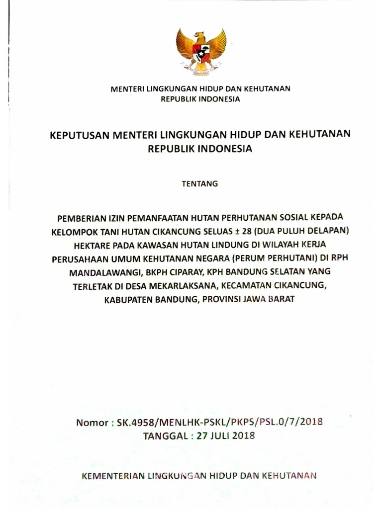 SK Izin Pemanfaatan Hutan Perhutanan Sosial Dari KLHK Untuk KTH Cikancung Tahun 2018 | PDF