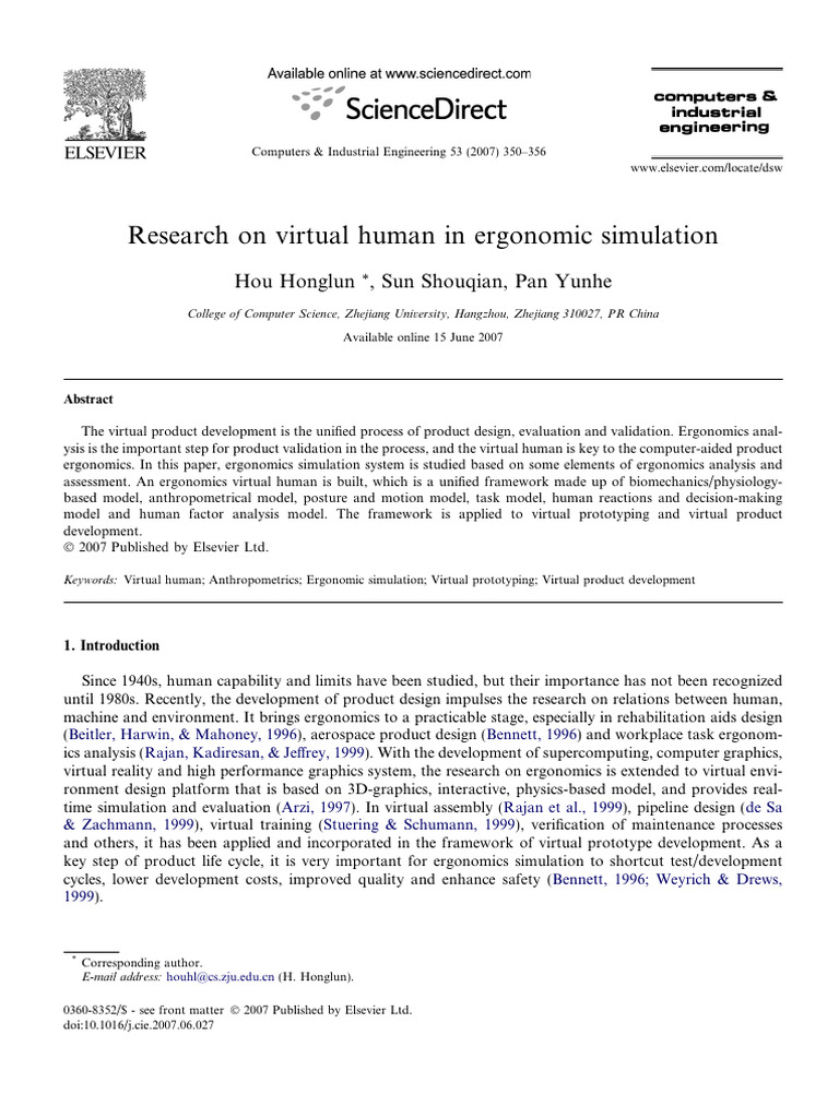 Pan Yunhe, Reserch On Virtual Human in Ergonomic Simulation, 2007 | PDF | Simulation