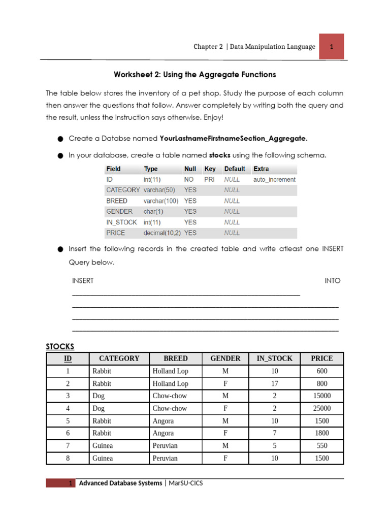 Worksheet 2. DML-Aggregate Functions | PDF | Databases | Computer Programming