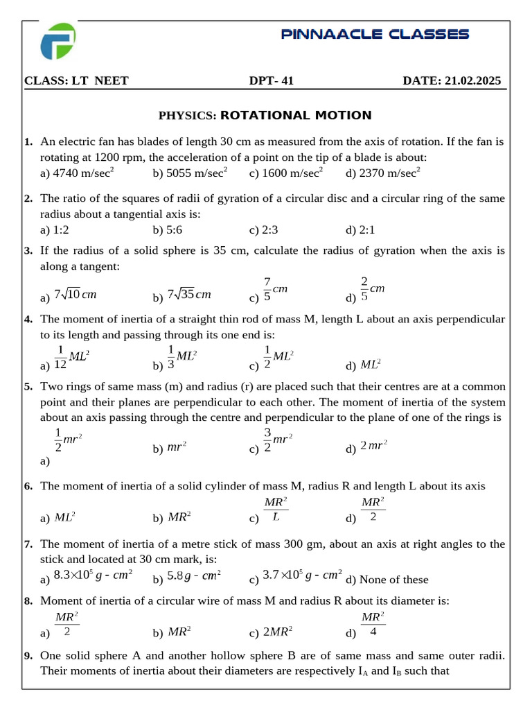 LT DPT-41 Phy Neet 21.02.25 Rotational Motion | PDF | Rotation Around A ...