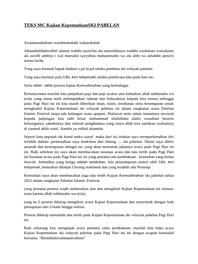 Teks MC Kajian Kepemudaan | PDF