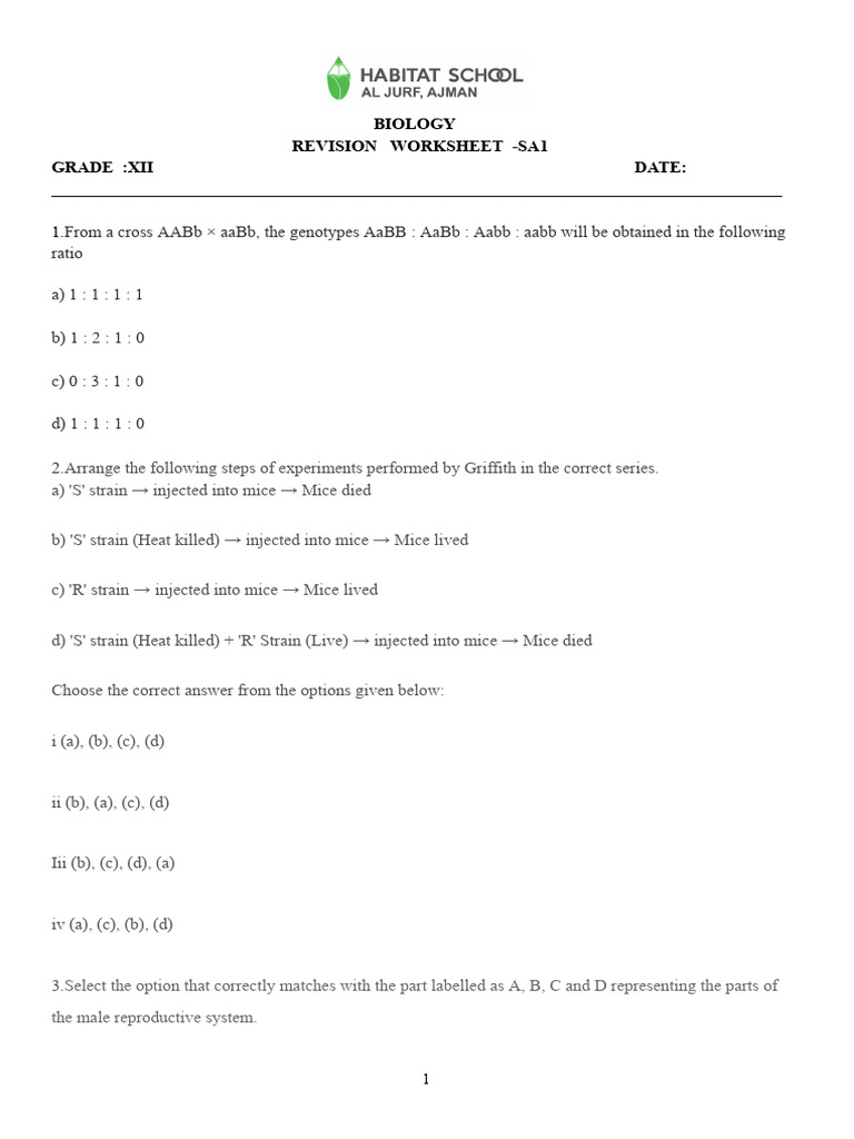 Biology Revision Worksheet for Grade XII | PDF | Dna | Pollen