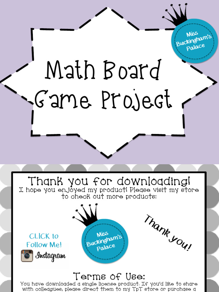 Math Board Game Project: Miss Buckingham's Palace | PDF