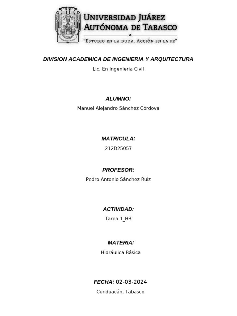 T1 HB Hidros SanchezCordovaManuel C6B 212d25057 24-1 | PDF | Presión | Viga (Estructura)