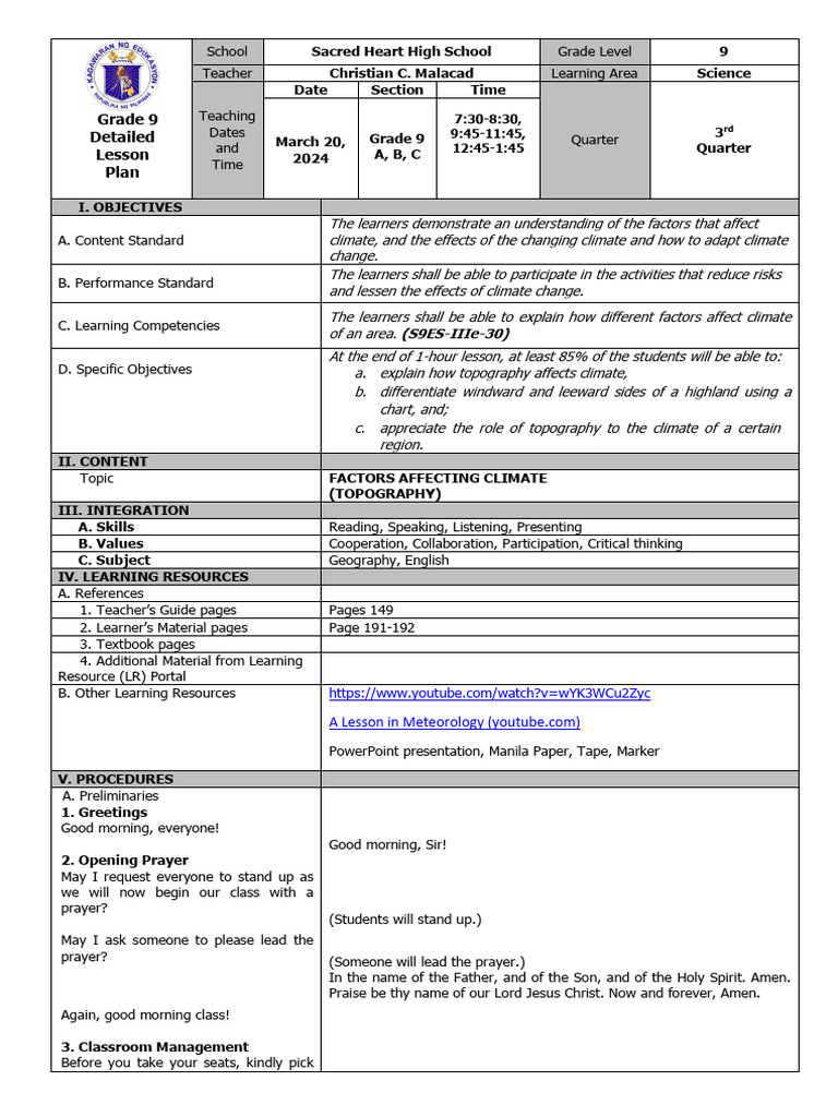 Topography - Factors Affecting Climate - Lesson Plan-Grade 9 | PDF ...