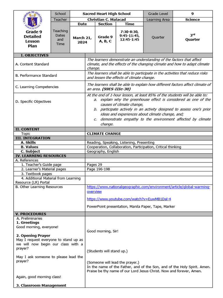 Climate Change - Lesson Plan-Grade 9 | PDF | Greenhouse Effect ...