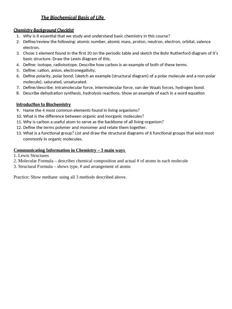 1-The Biochemical Basis of Life Intro Questions 2018 | PDF