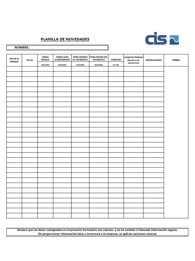 Planilla Novedades PP - Modelo | PDF