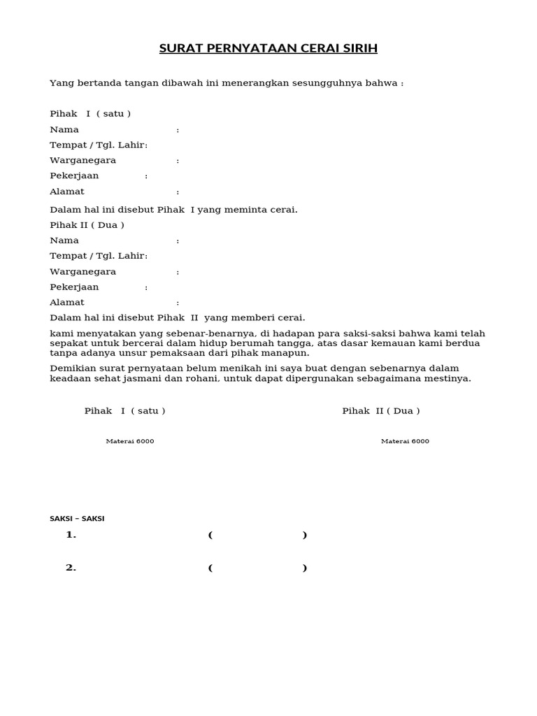 Surat Pernyataan Cerai | PDF