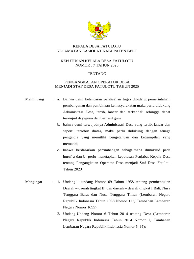 SK Pengangkatan Operator Desa 2025 | PDF