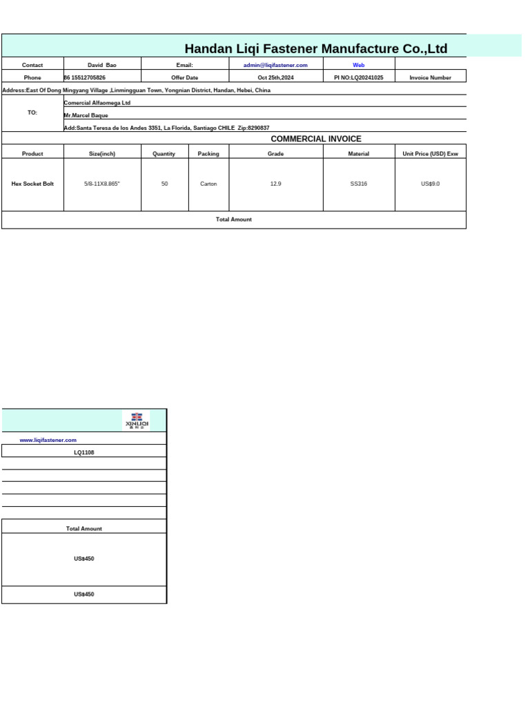 Commercial Invoice for Hex Socket Bolts | PDF
