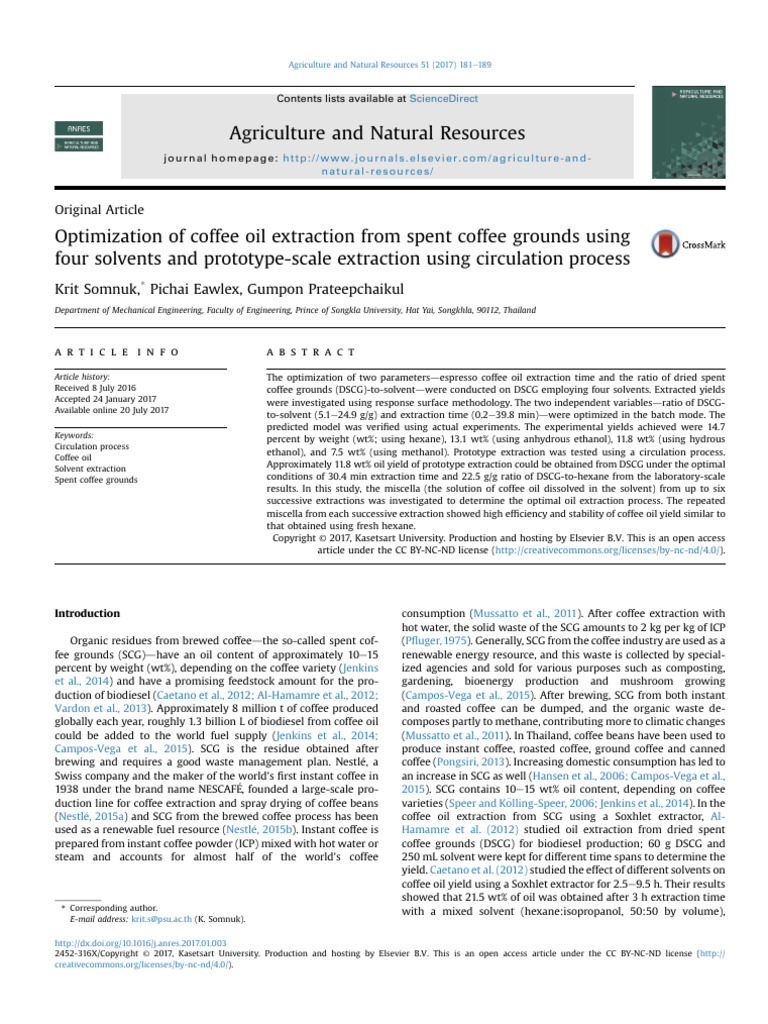 Optimization of Coffee Oil Extraction From Spent Coffee Grounds Using | PDF | Ethanol | Coffee