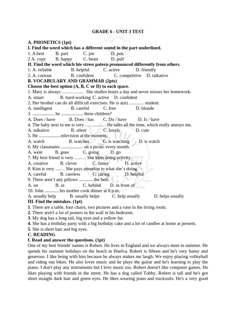 GRADE 6 UNIT 3 TEST | PDF