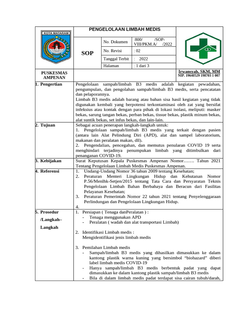 sop pengelolaan limbah medis | PDF