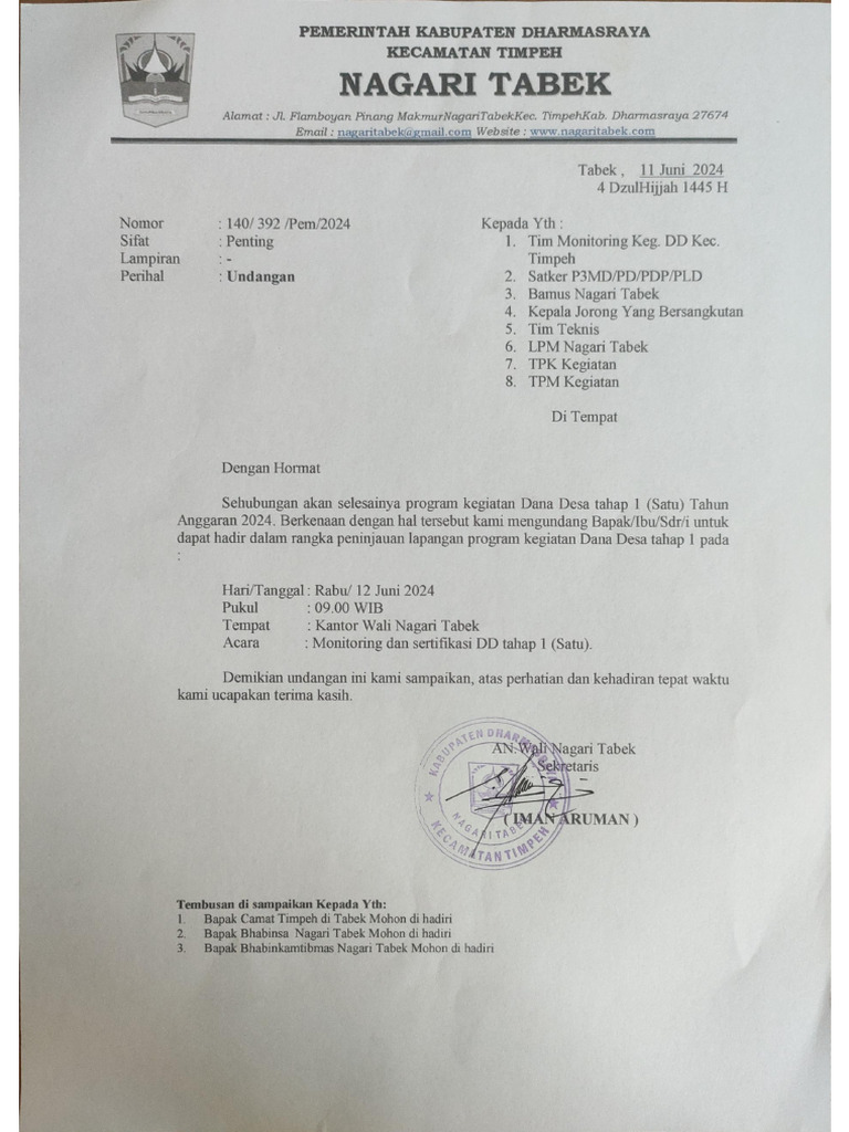 Undangan Monitoring DD Tahap 1 Tabek | PDF