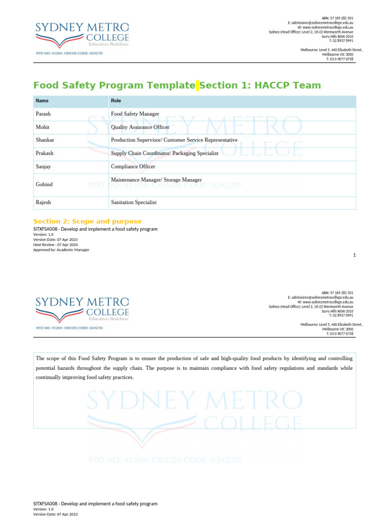 SITXFSA008 Food Safety Program Template (1) | PDF | Food Safety ...