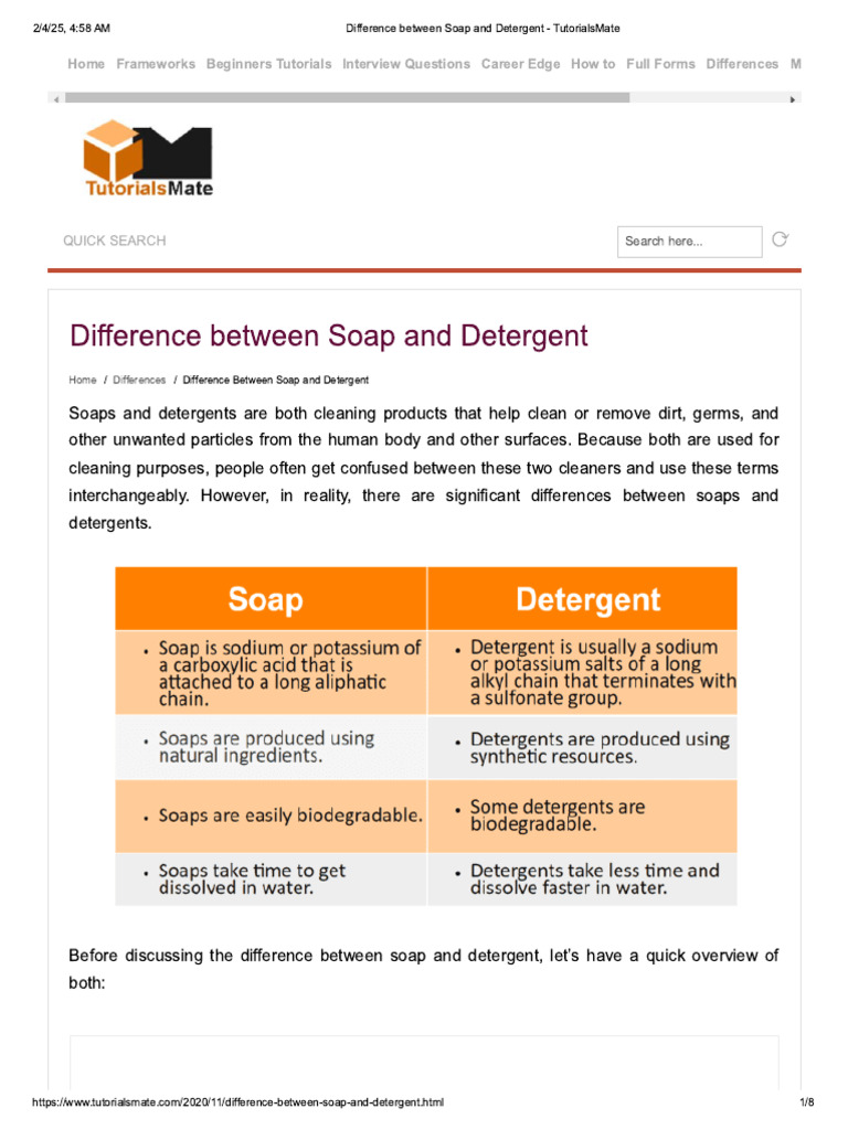 Difference Between Soap and Detergent - TutorialsMate | PDF