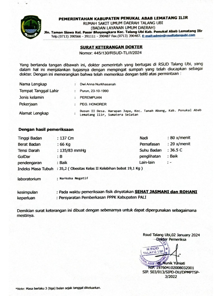 Surat Keterangan Sehat Dwii 2024 | PDF