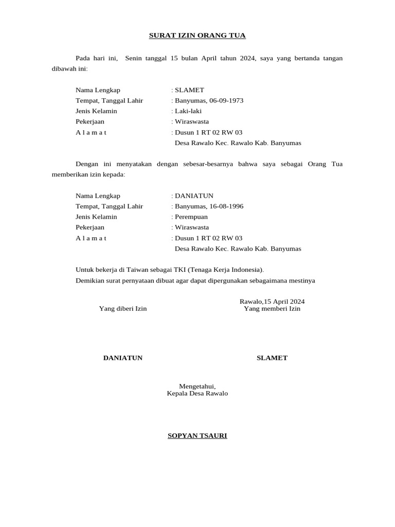 Surat Izin Orang Tua TKW | PDF