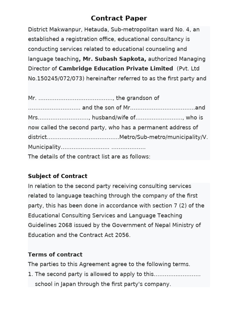 Educational Consultancy Contract Agreement | PDF