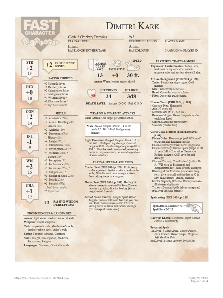Fast Character - Human Cleric 3 (Trickery Domain) - PHB 2024 | PDF ...