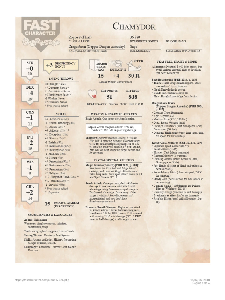 Fast Character | Dragonborn (Copper Dragon Ancestry) Rogue 8 (Thief ...