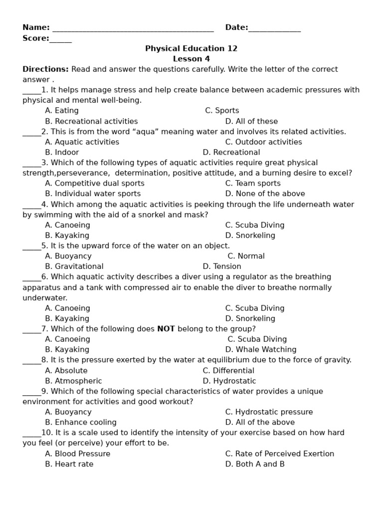 Aquatic Activities Quiz for PE 12 | PDF | Underwater Diving | Scuba Diving