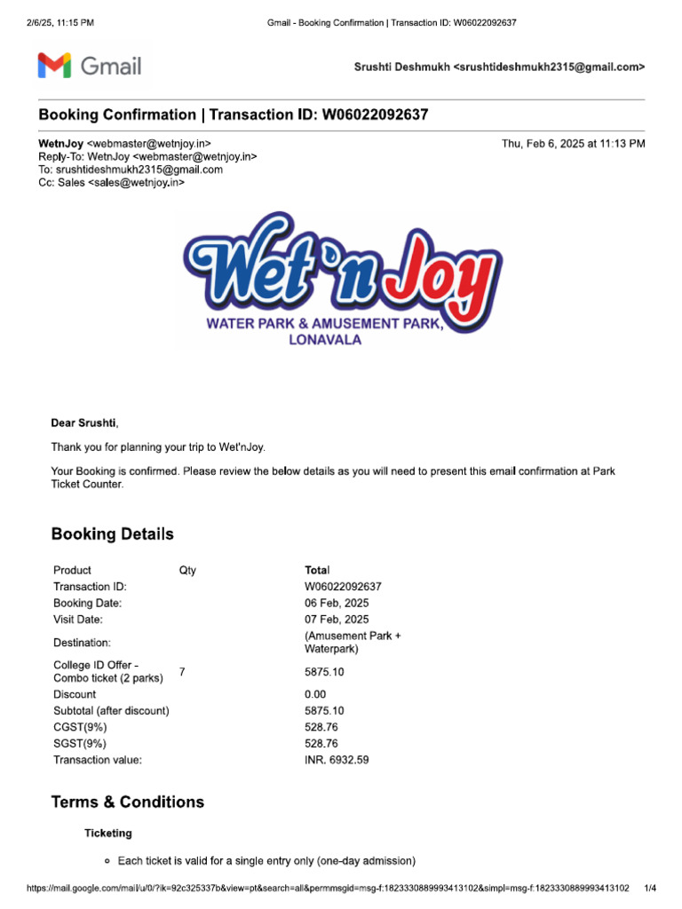 Wet N Joy Ticket | PDF