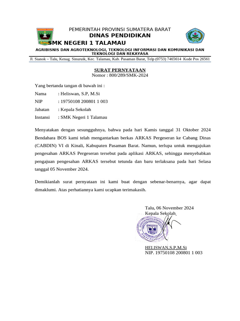 Surat Pernyataan SMKN 1 Talamau | PDF