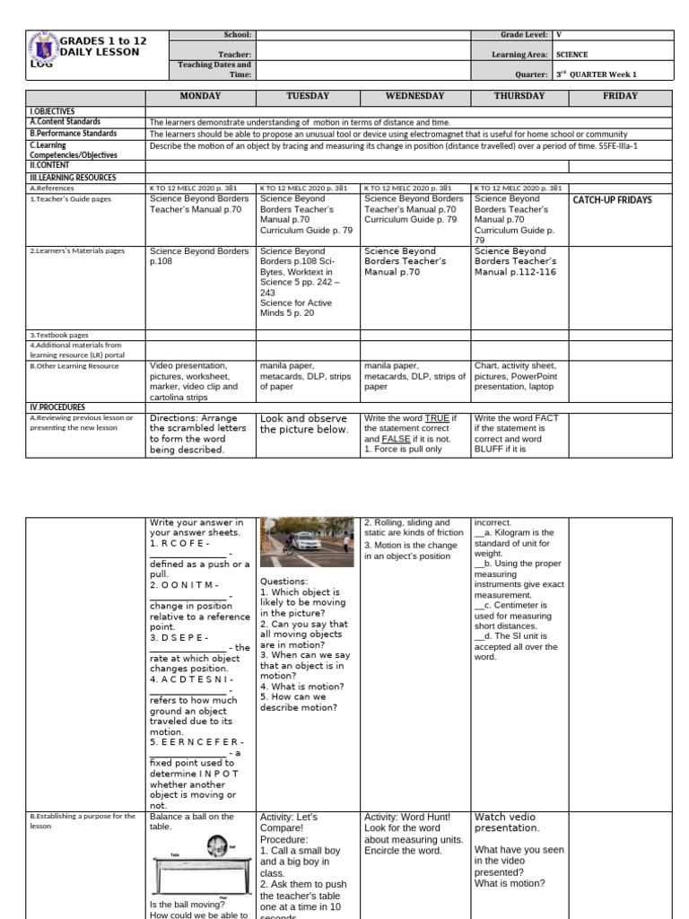DLL_SCIENCE 5_Q3_W1 | PDF | Speed | Velocity