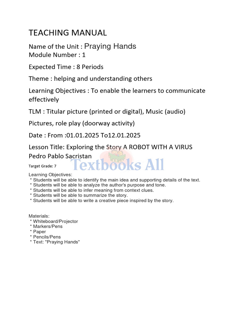 STD 7 English Unit 04 - Lesson 01 - Praying Hands-Teaching Manual ...