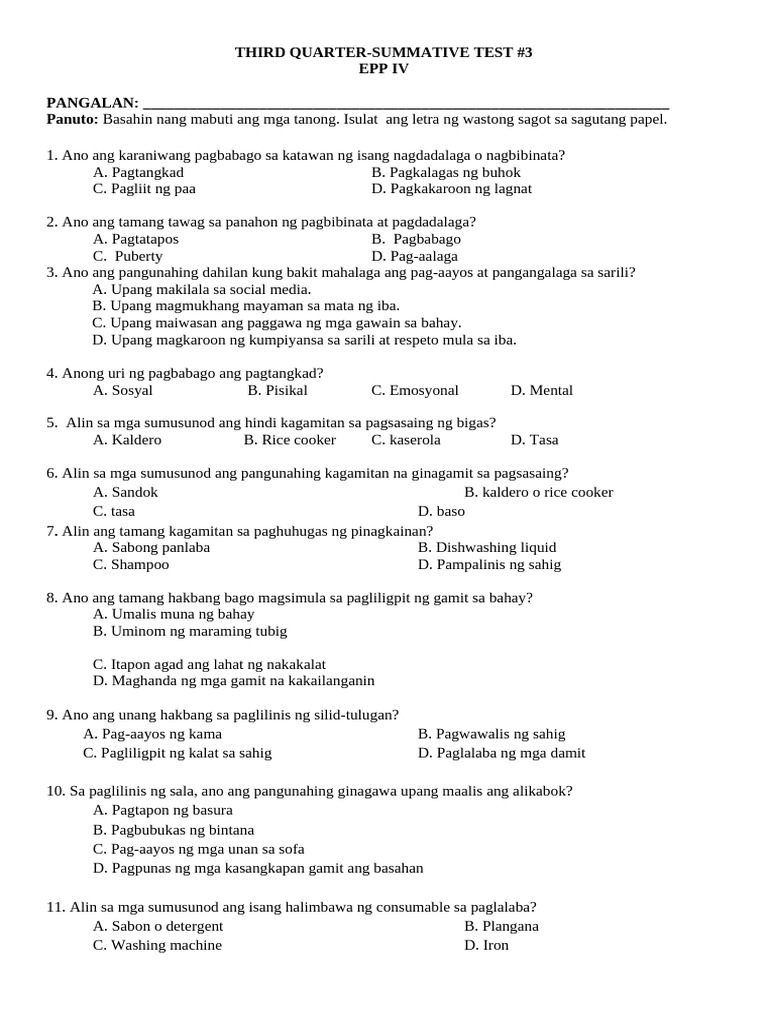 Third Quarter-Summative Test 3&4 Epp | PDF