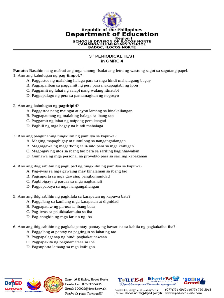 3rd PERIODICAL TEST 2024 2025 GMRC | PDF