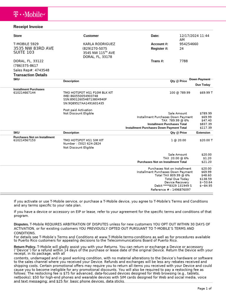 T-Mobile Billing Statement Summary | PDF | T Mobile Us | Receipt