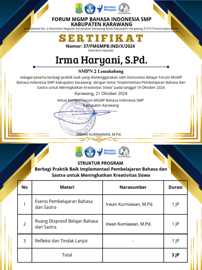 Irma Haryani, S.Pd.-Sertifikat Praktik Baik 19 Oktober 2024 | PDF