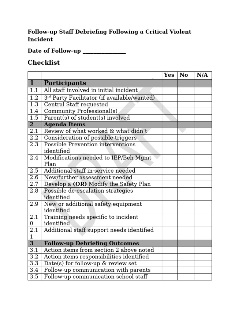 Staff Debriefing Checklist Post-Incident | PDF